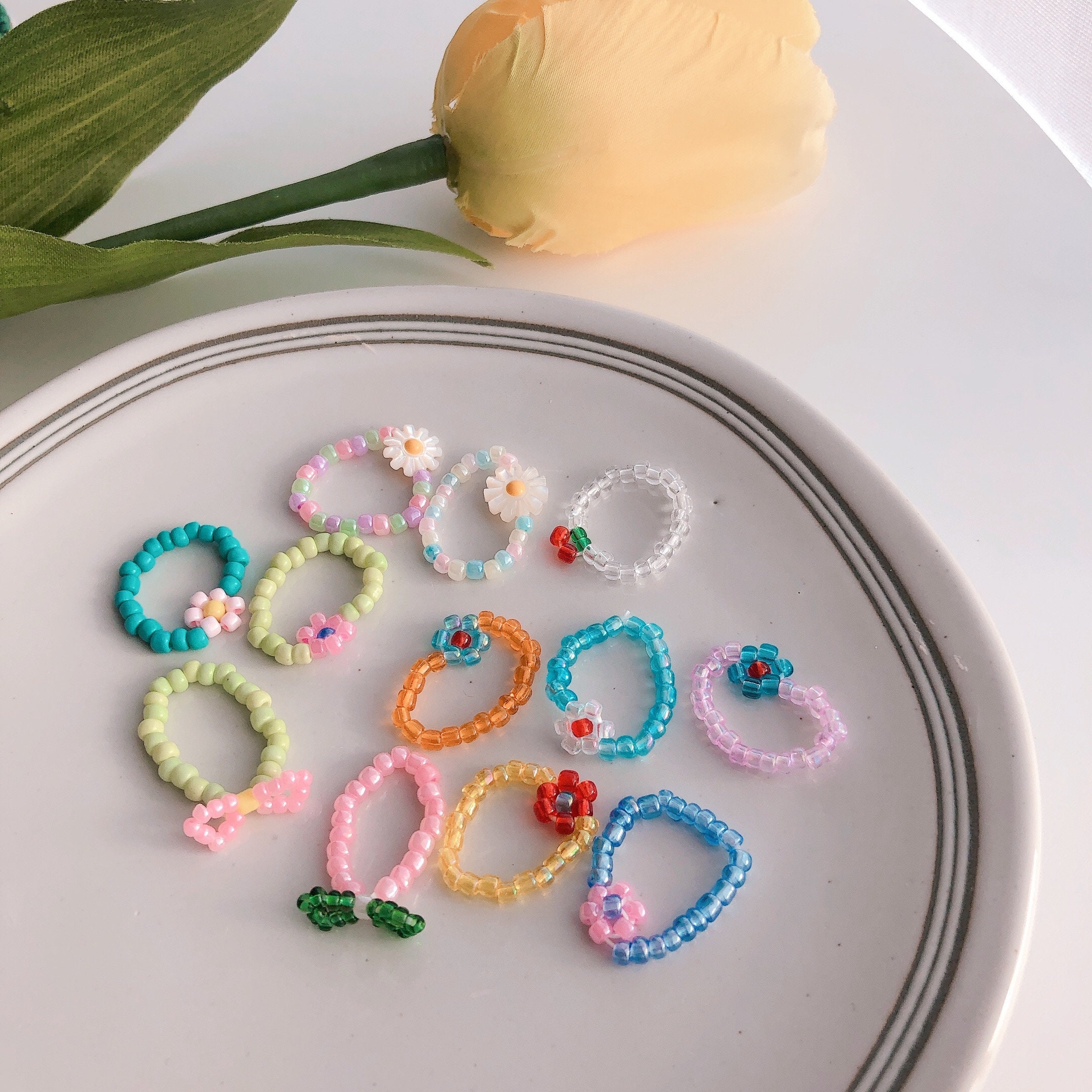 Flower Bead Rings, Daisy Bead Ring, Bow Bead Ring, Cherry Bead Ring ...