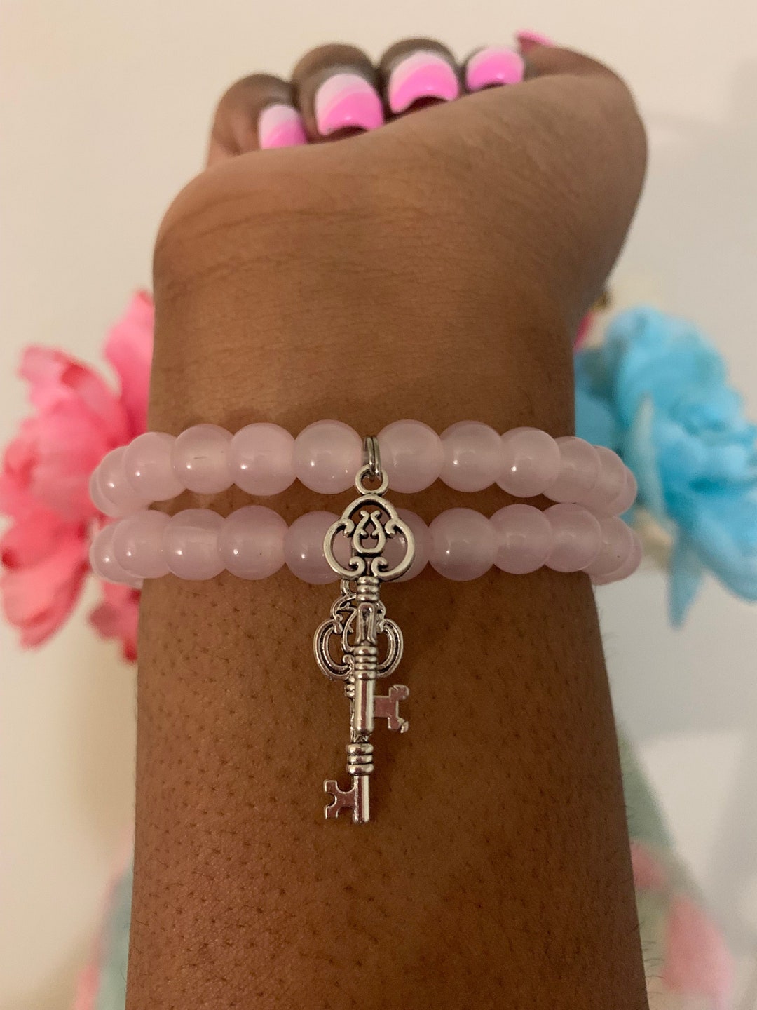 Natural Pinks Rose Quartz Key Charm Bracelet - Etsy