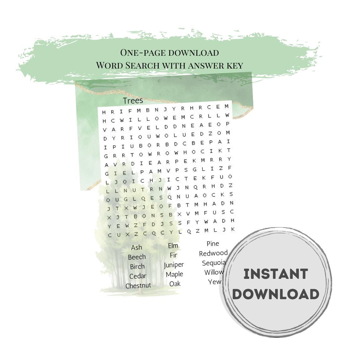 Tree Crossword Puzzle Digital Download | Printable Nature Themed Puzzle ...