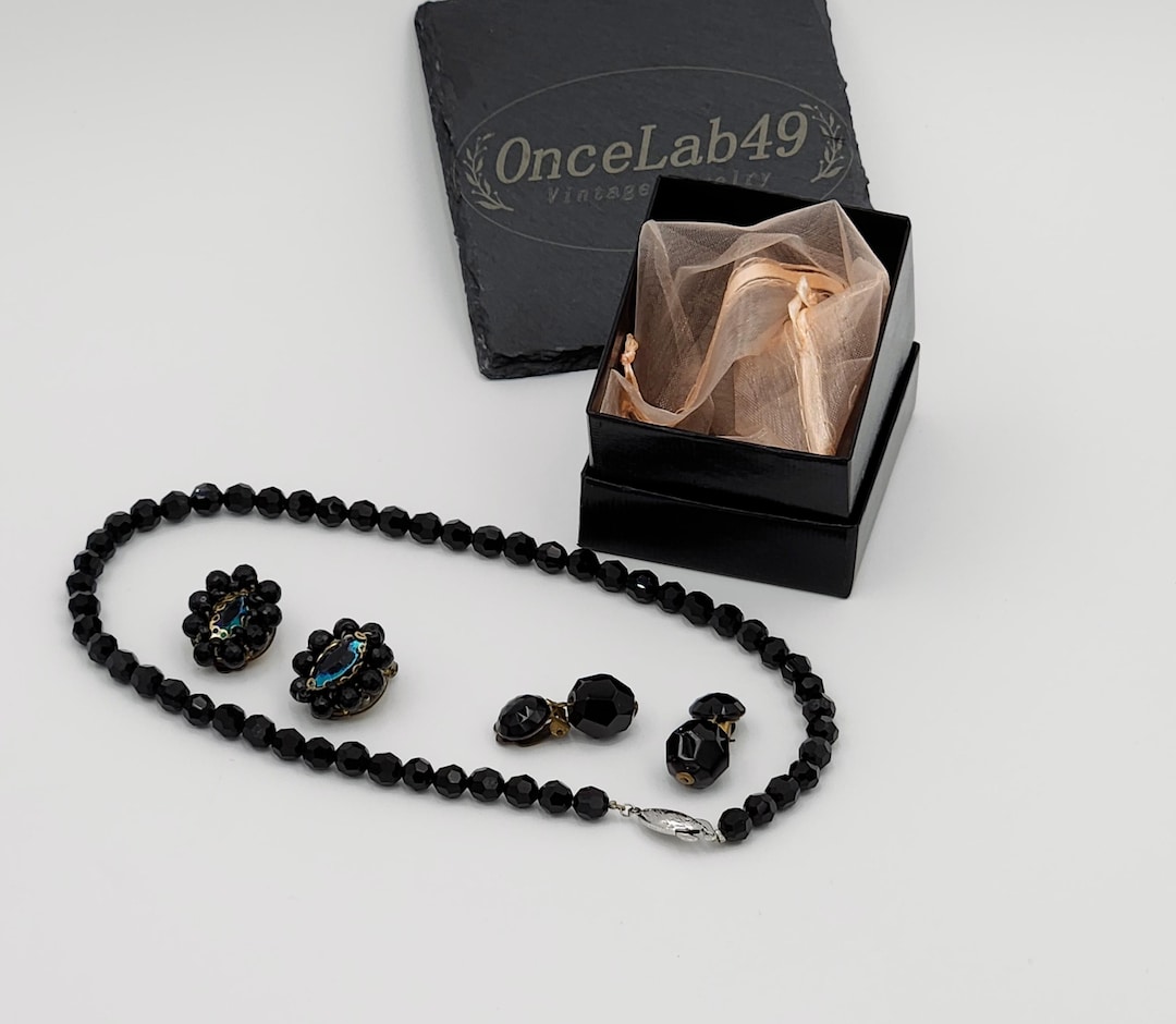 Vintage West Germany French Jet Glass Jewelry Set | Beaded Choker ...