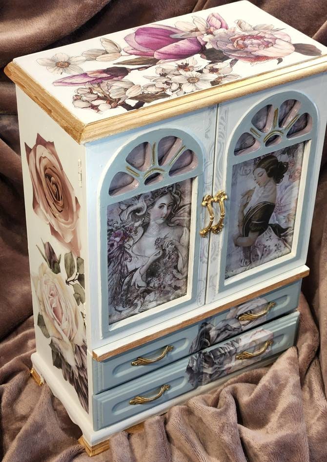 Large 15.5 Inches Tall Fairy Ladies and Floral White and Blue 5 Drawer ...