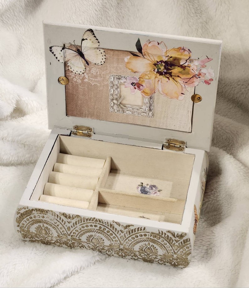 Petite Size Fairy and Floral Handpainted Upcycled Jewelry Box in Beige ...