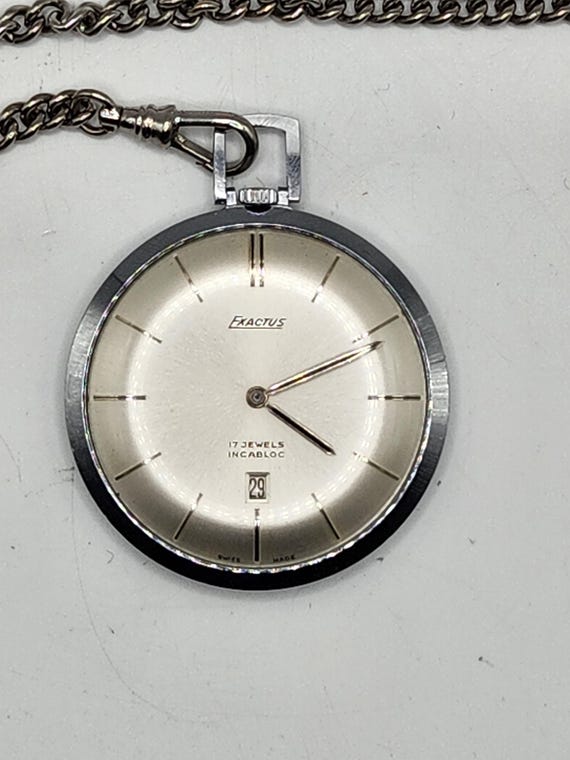 Gorgeous thin Exactus 17-jewel pocket watch with date… - Gem