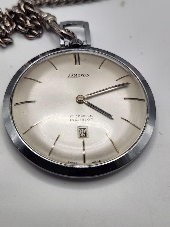 Gorgeous thin Exactus 17-jewel pocket watch with date… - Gem