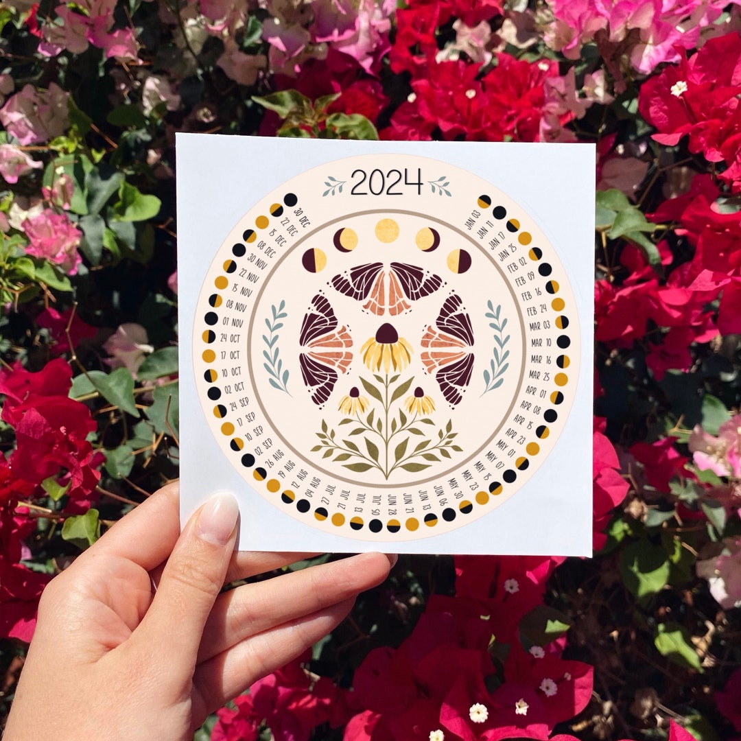 Lunar Calendar 2024 Round Sticker Moon Phases and Monarch - Etsy