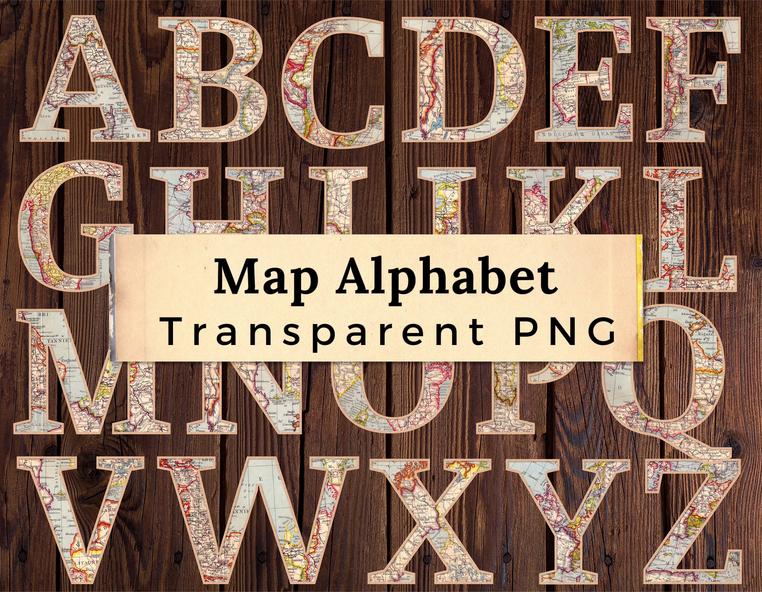 Printable PNG Map Alphabet | Vintage Map Letters | Transparent ...