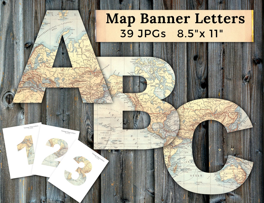 JPG Printable Map Alphabet | Digital Vintage Map Letters | Party Banner ...
