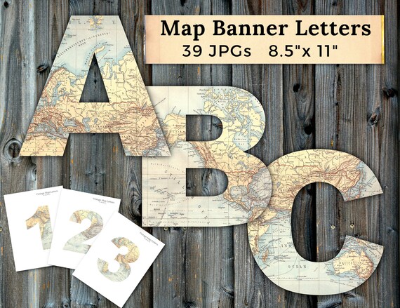 JPG Alfabeto de mapa imprimible / Letras de mapa vintage - Etsy España