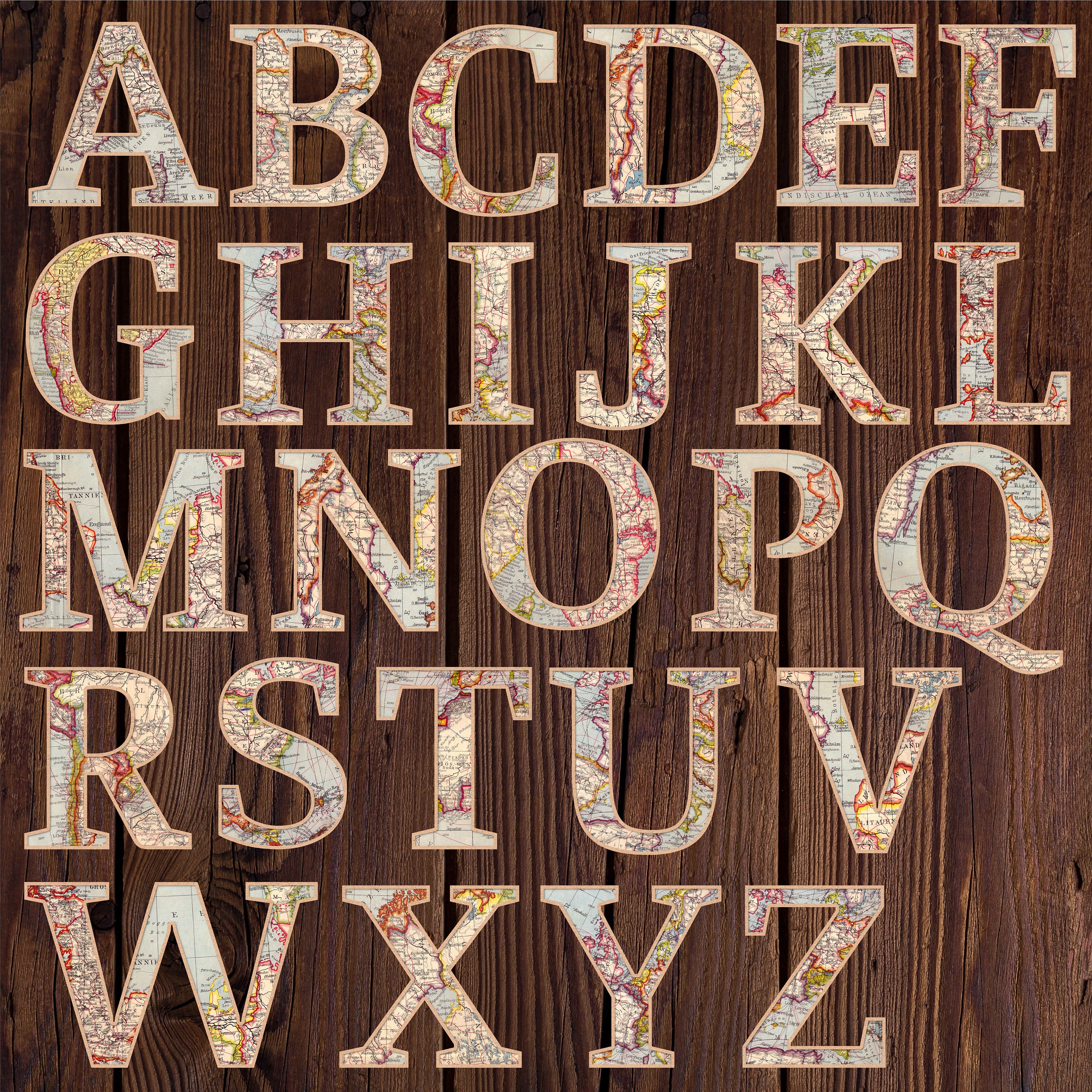 Printable PNG Map Alphabet | Vintage Map Letters | Transparent ...