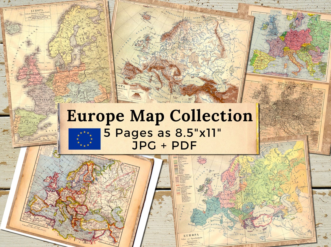 Printable Europe Maps JPG and PDF | Vintage Map Europe for Scrapbooking ...