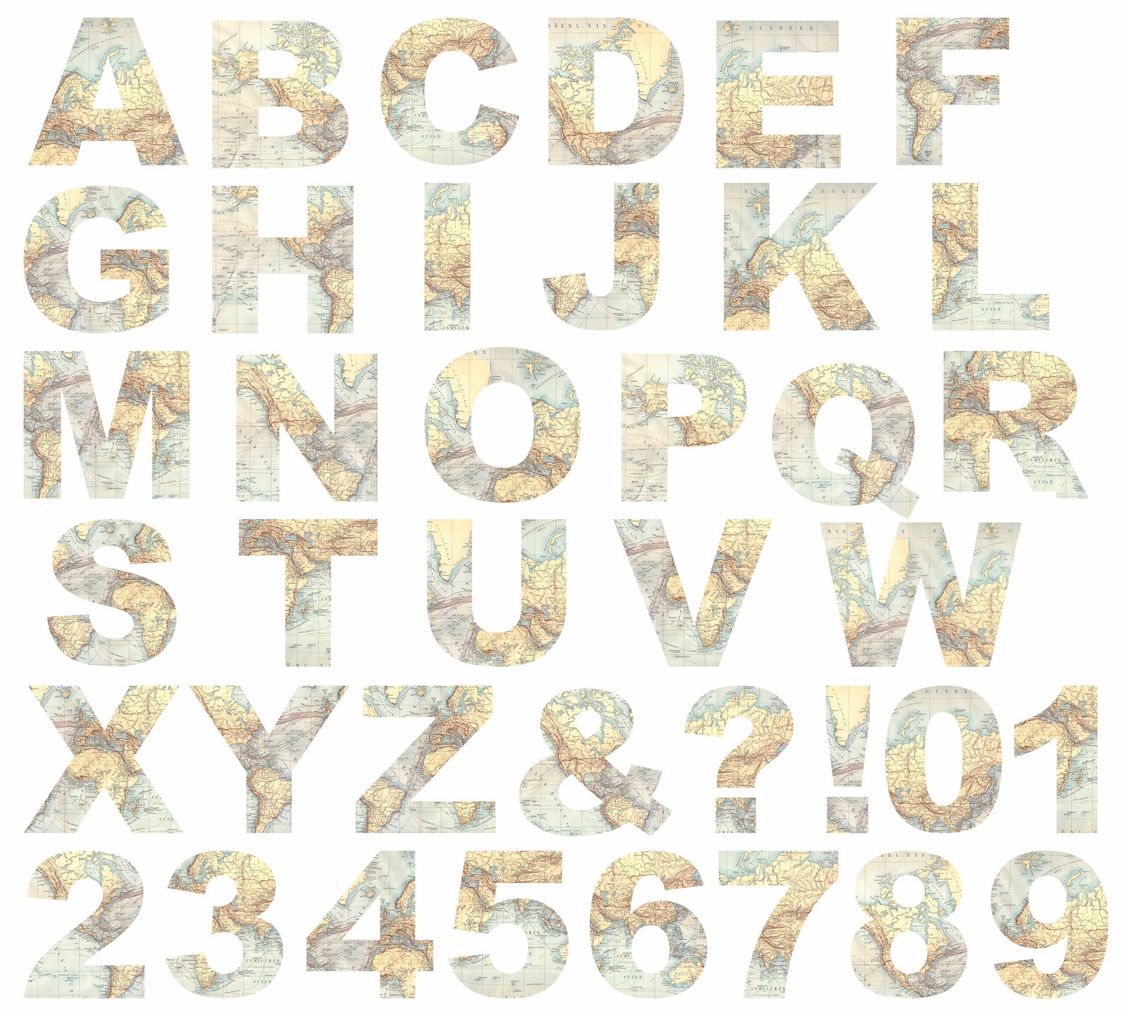 JPG Alfabeto de mapa imprimible / Letras de mapa vintage digital ...