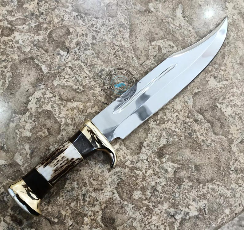 Custom Handmade Mirror Polish Bowie Knife Stag Handle D2 Steel Hunting ...