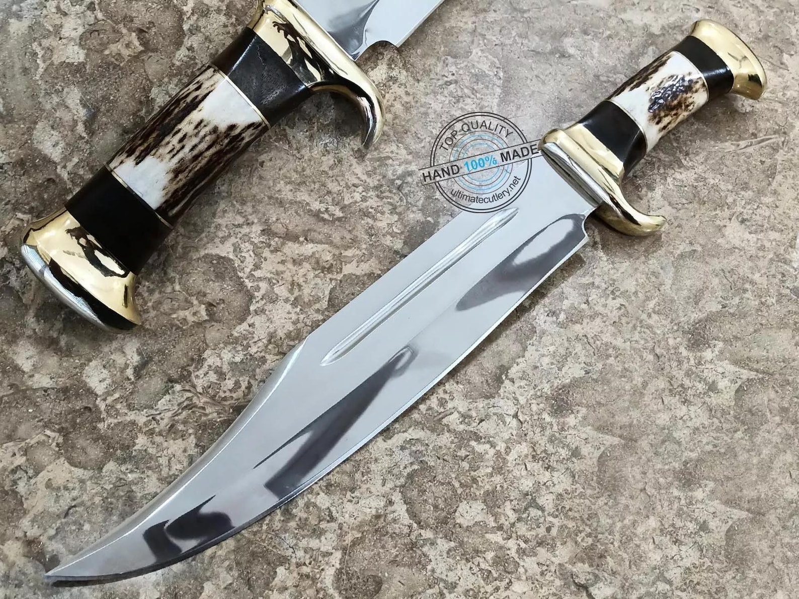 Custom Handmade Mirror Polish Bowie Knife Stag Handle D2 Steel Hunting ...