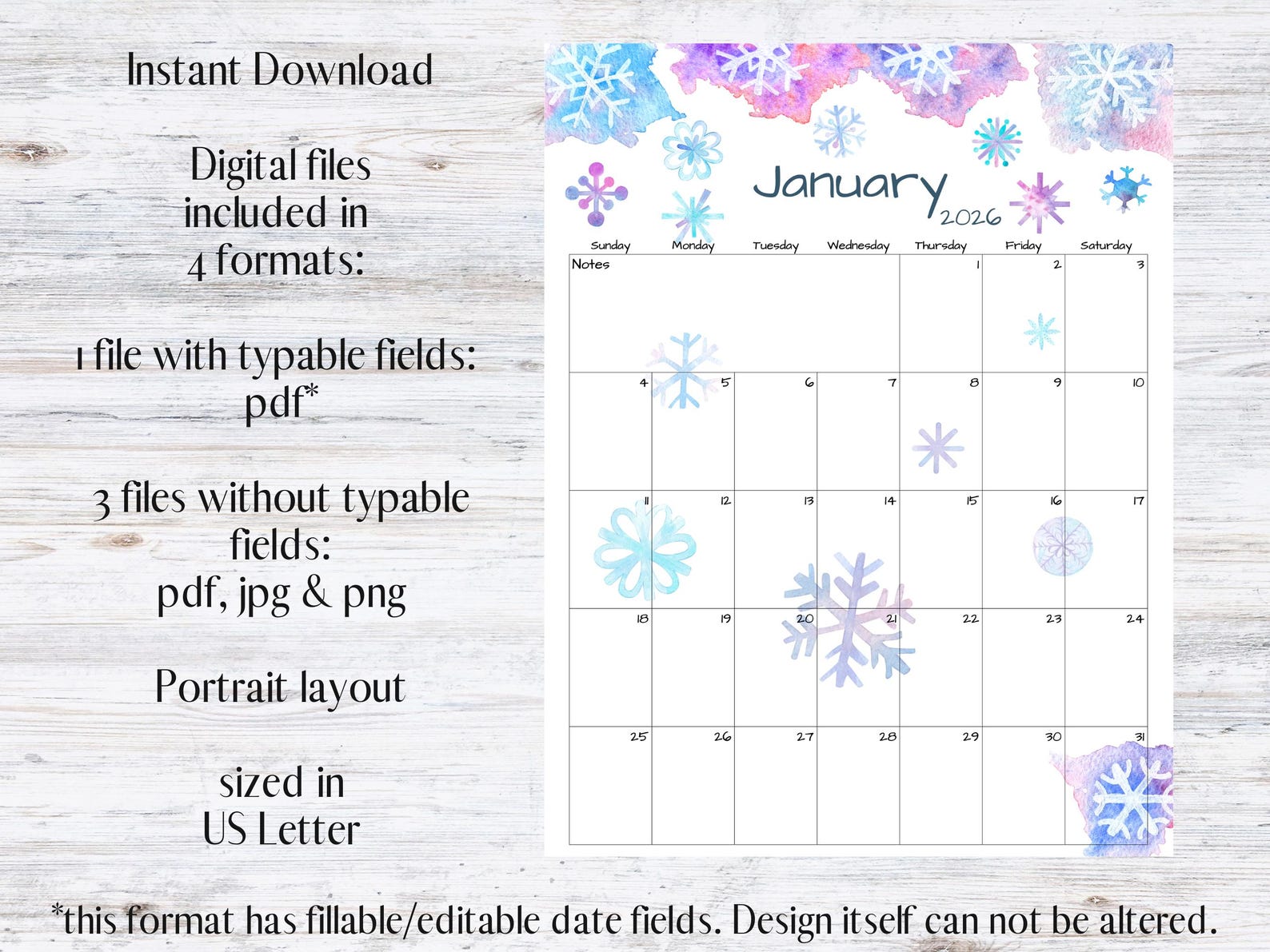 Fillable/editable January Calendar | January 2026 Calendar | Winter ...