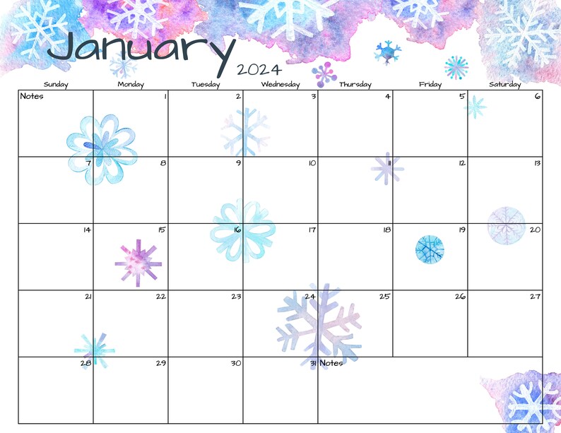 Fillable/editable January Calendar January 2024 Calendar Winter Snow ...