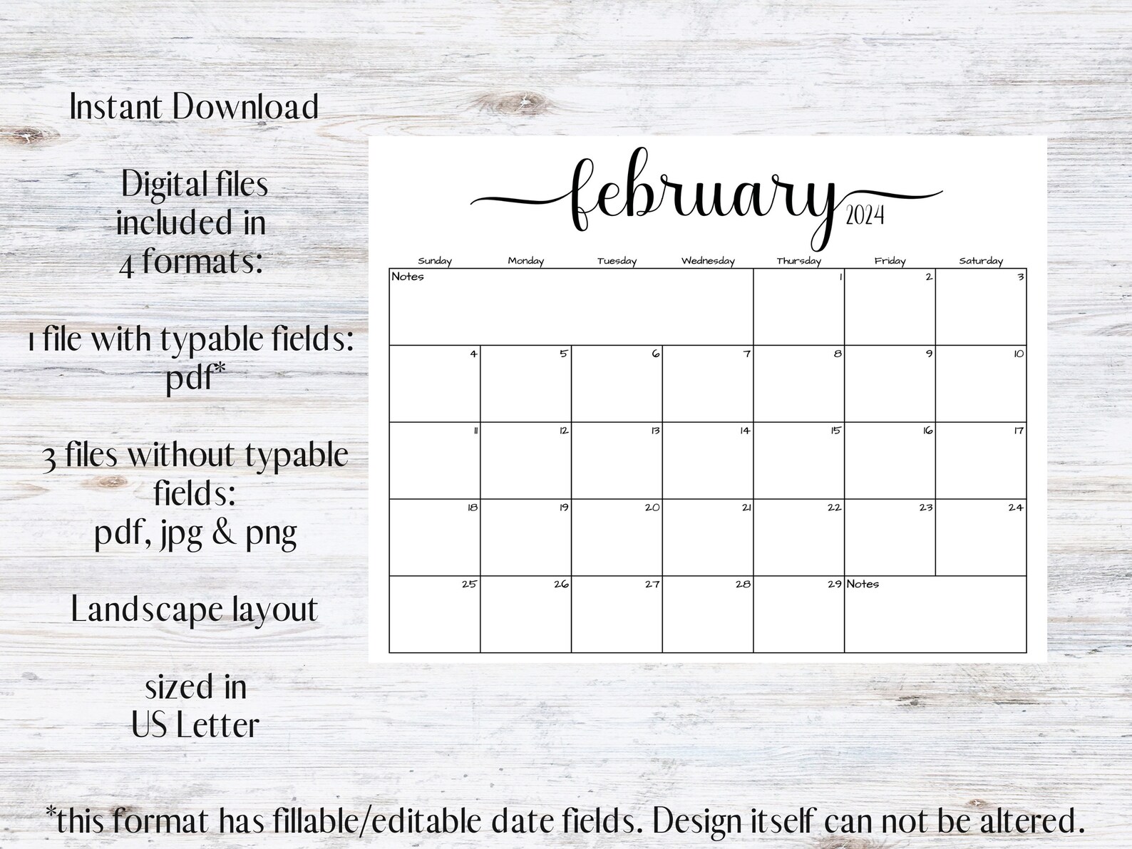 Fillable/editable February Calendar February 2024 Calendar Simple ...