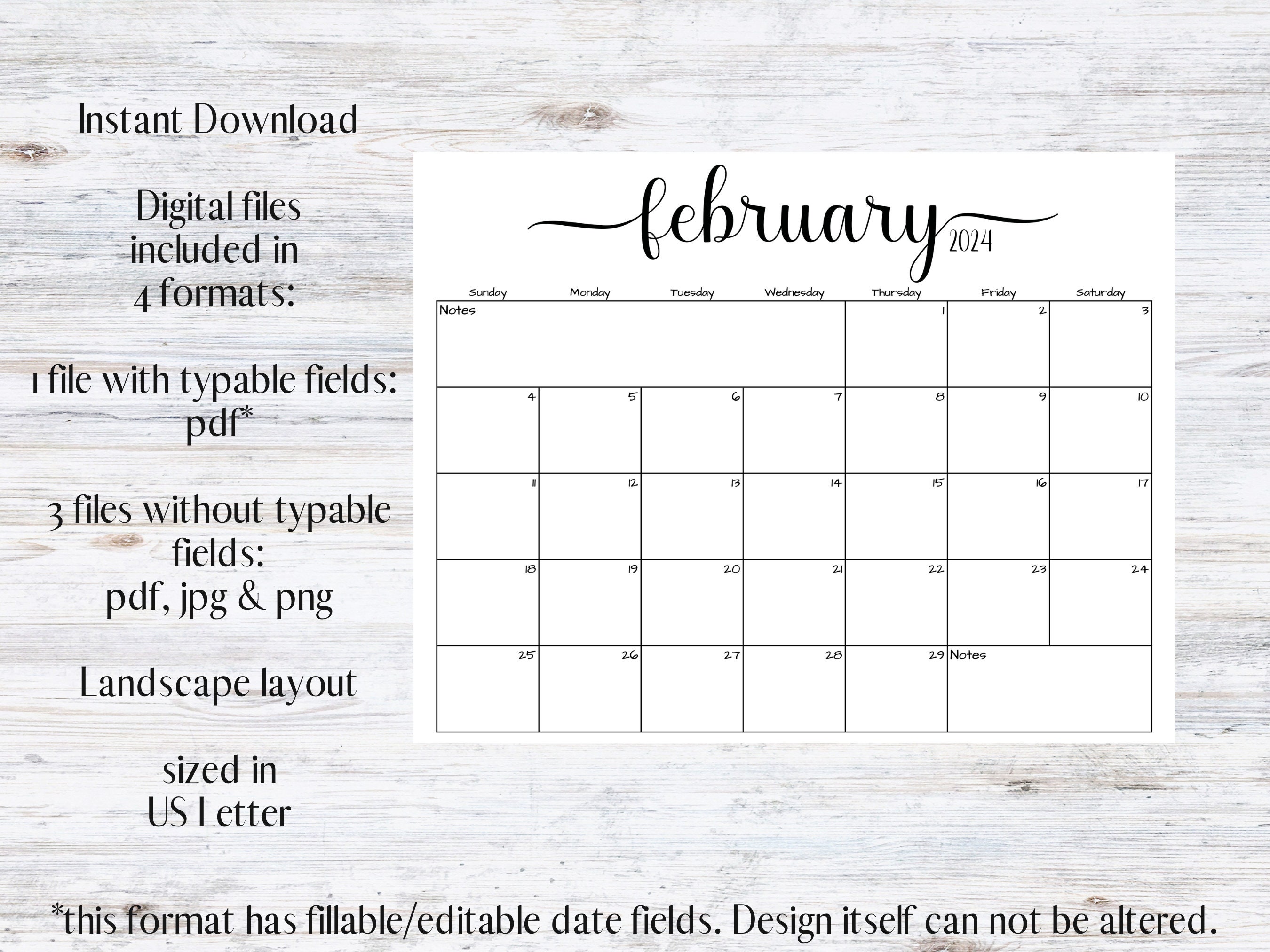 Fillable/editable February Calendar February 2024 Calendar Simple ...