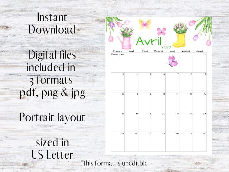 Avril Calendar in French Avril 2022 Printable Calendar | Etsy