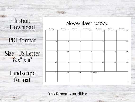 November 2022 Calendar Printable Landscape