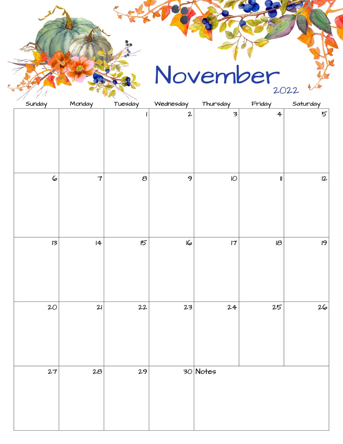 November Calendar November 2022 Printable Calendar Autumn - Etsy