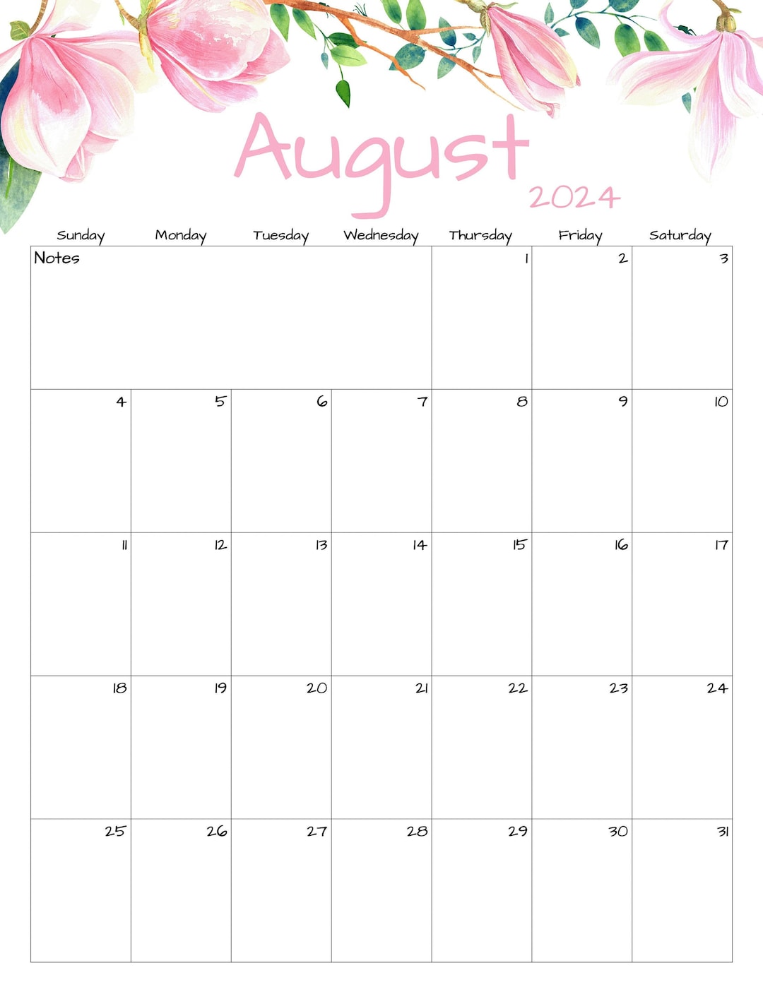Fillable/editable August Calendar August 2024 Printable - Etsy