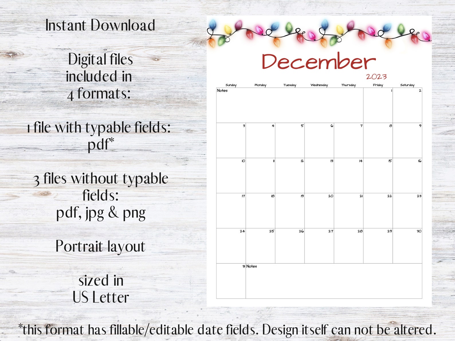 Fillable/editable December Calendar December 2023 Printable Calendar ...