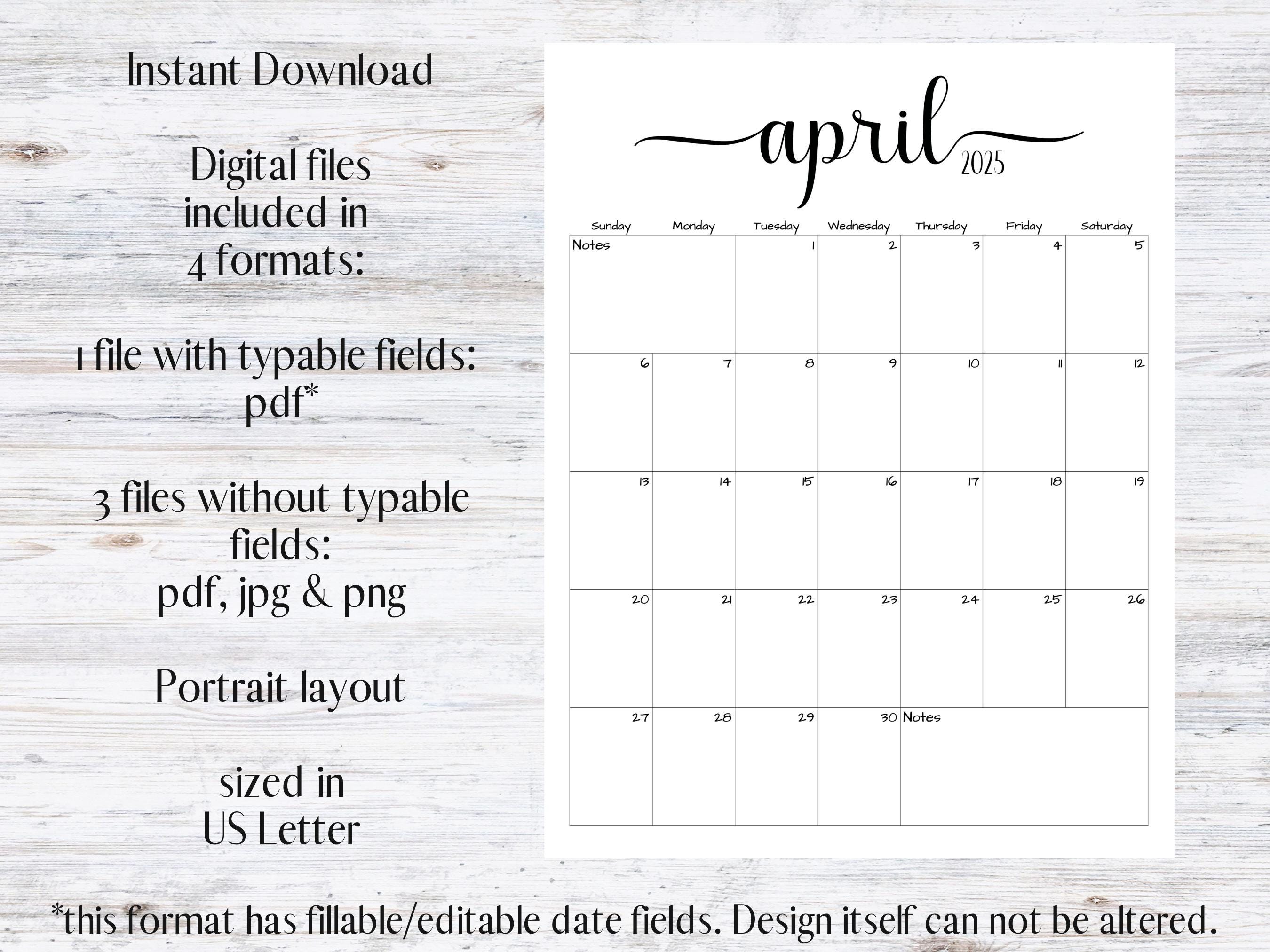 Fillable/editable April 2025 Calendar | April 2025 Calendar | Simple ...