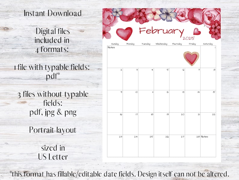 Fillable/editable February Calendar | February 2025 Calendar ...