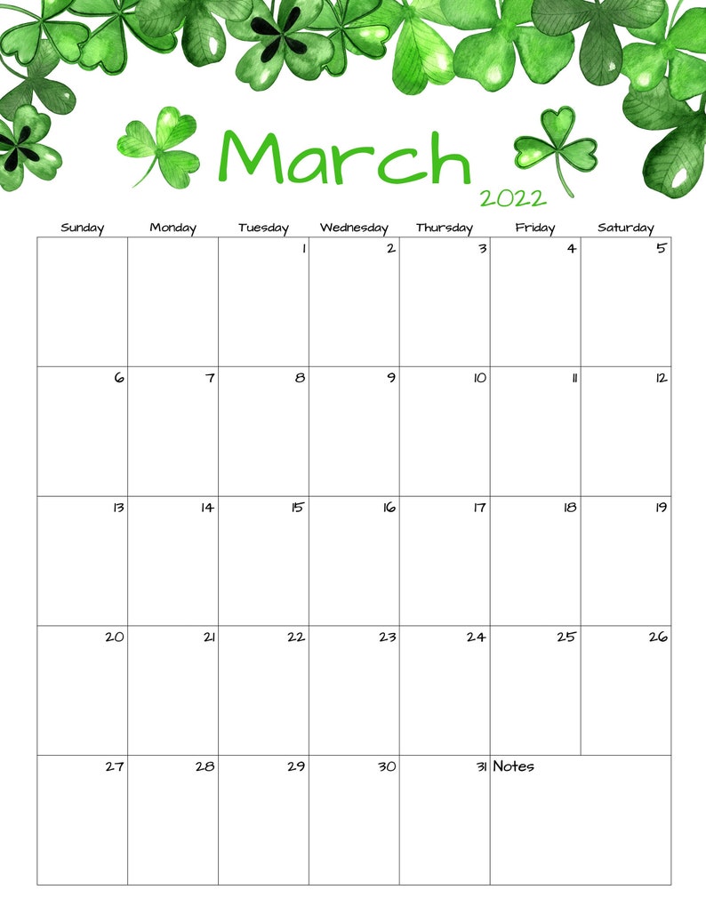 March Calendar March 2022 Printable Calendar Shamrock | Etsy