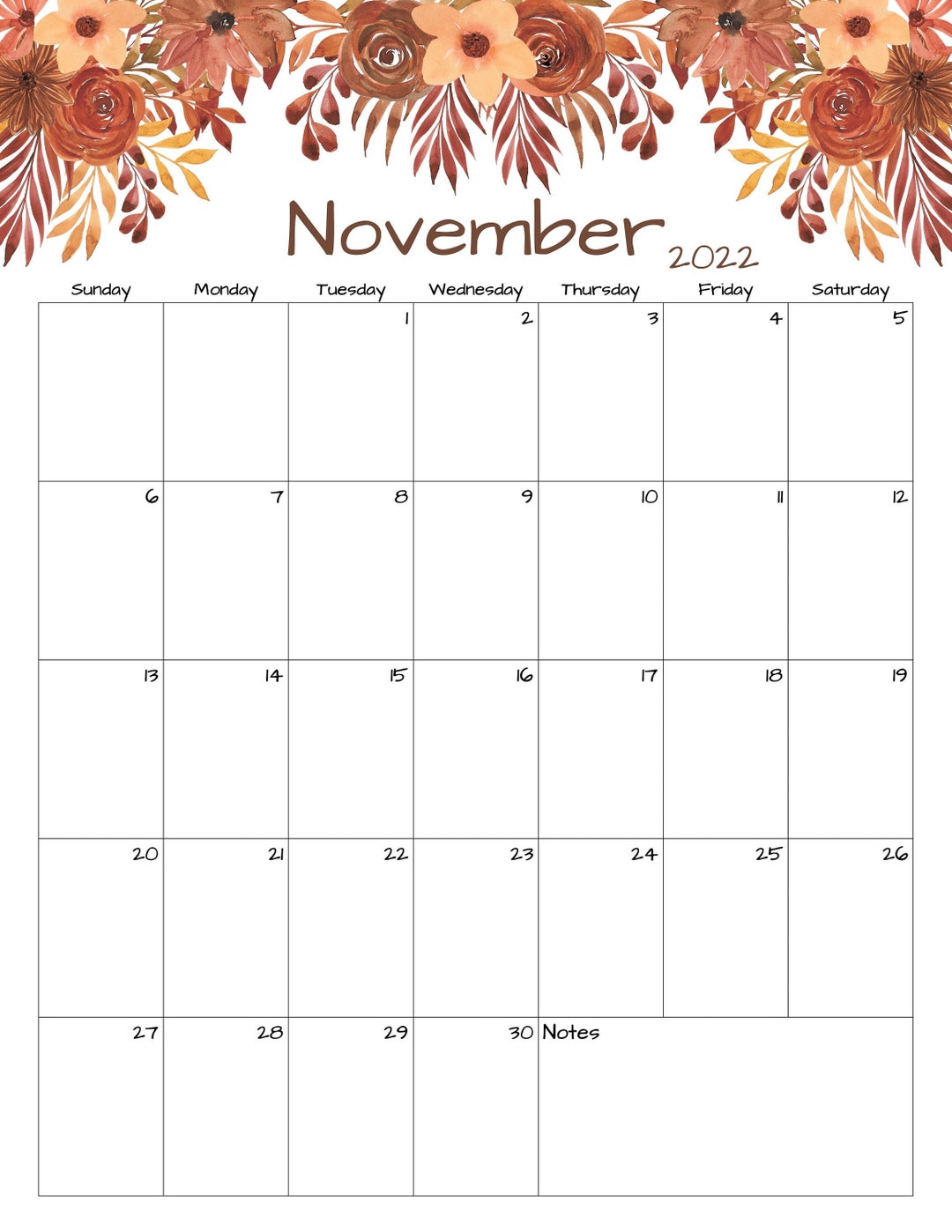 November Calendar November 2022 Printable Calendar Autumn Calendar ...