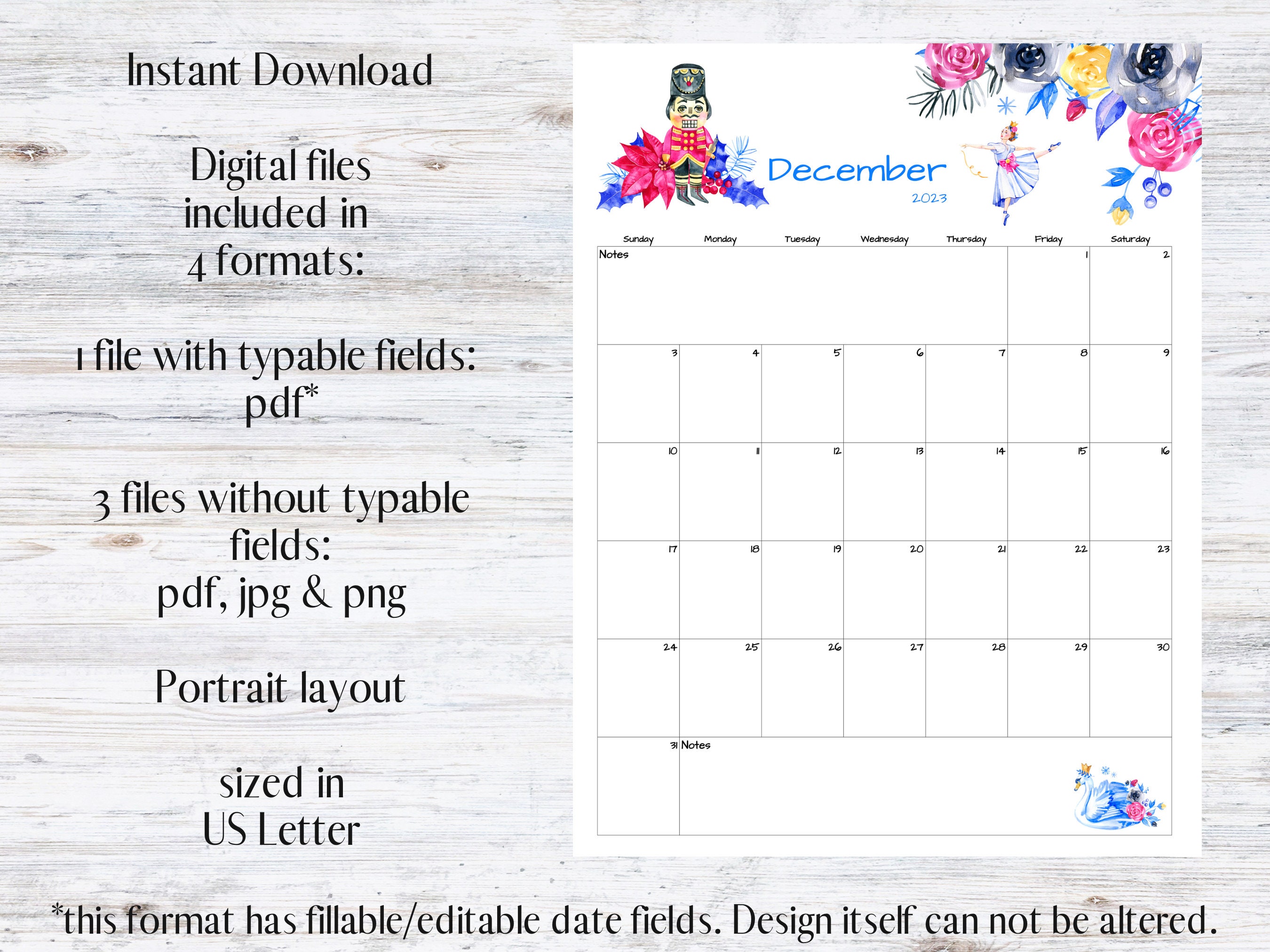 Fillable/editable December Calendar December 2023 Printable Calendar ...