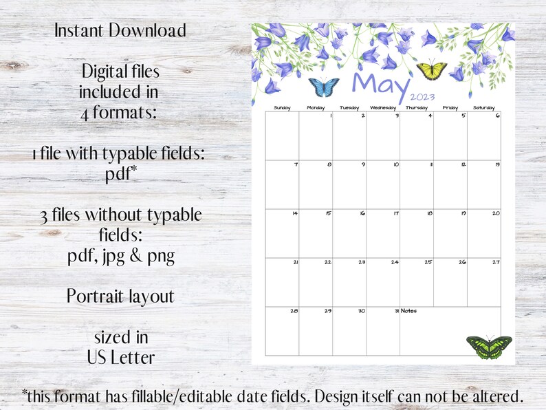 Fillable/editable May Calendar May 2023 Printable Calendar Bluebell ...