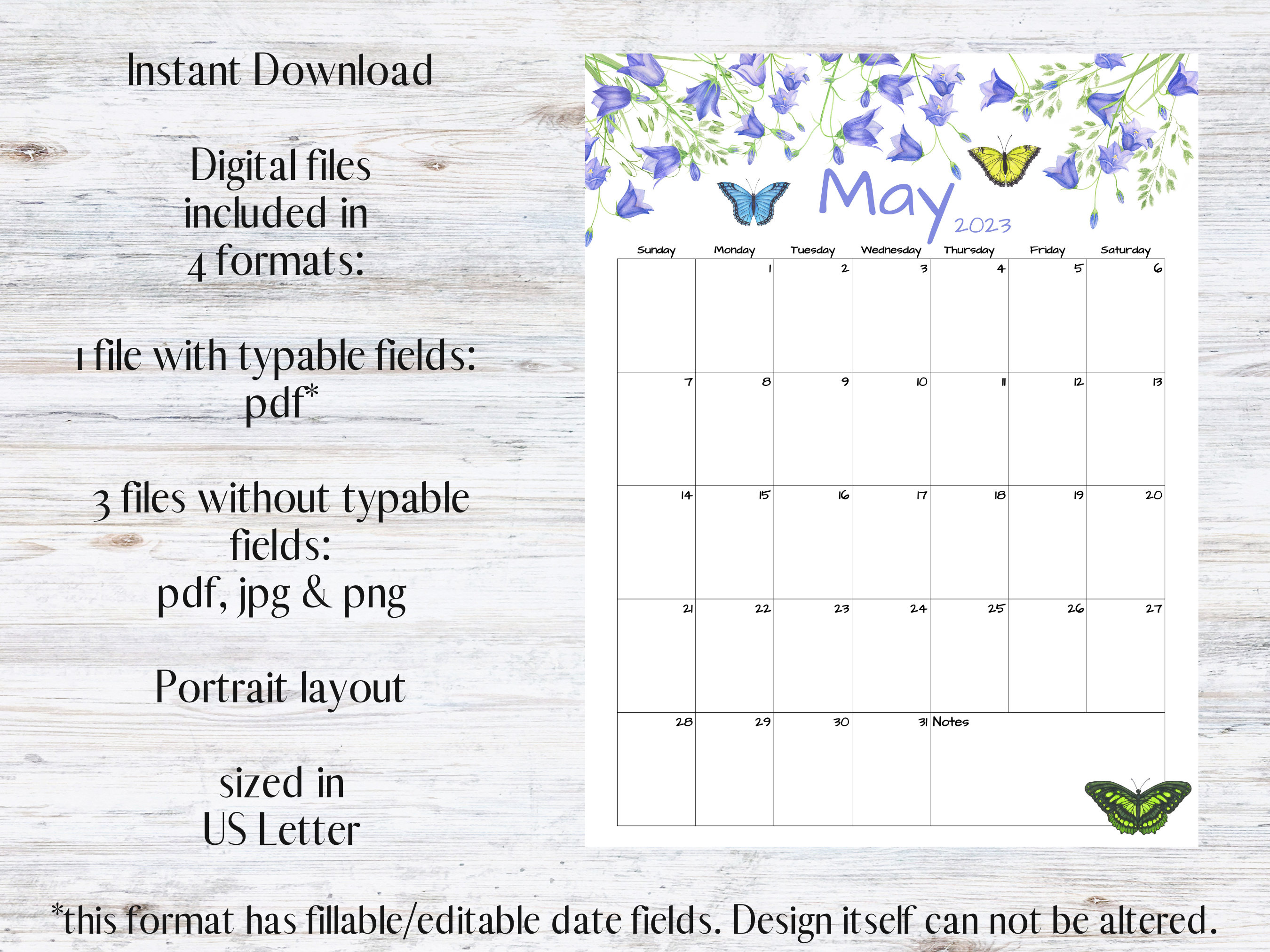 Fillable/editable May Calendar May 2023 Printable Calendar Bluebell ...