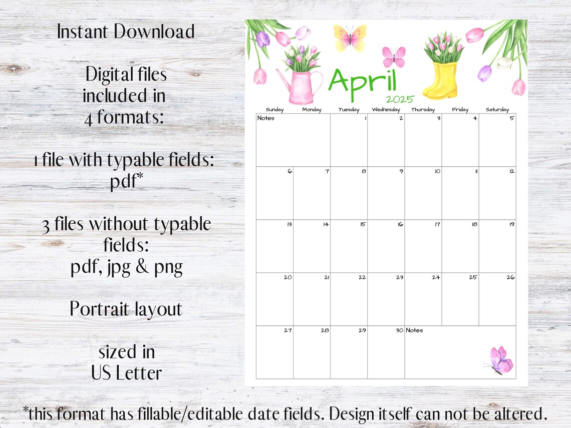 Fillable/editable April Calendar | April 2025 Printable Calendar ...