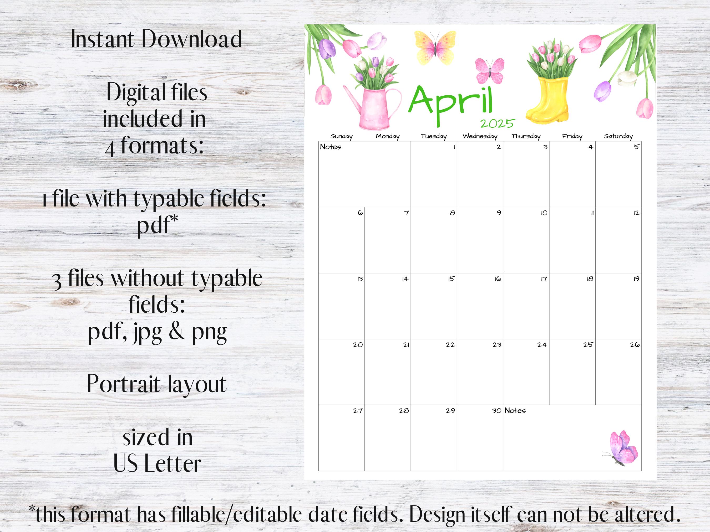 Fillable/editable April Calendar | April 2025 Printable Calendar ...