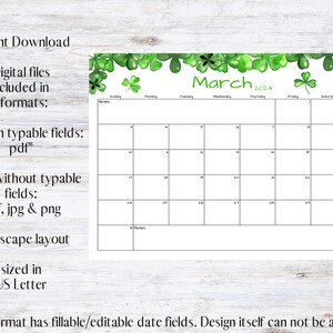 Fillable/editable March Calendar March 2024 Printable Calendar Shamrock ...