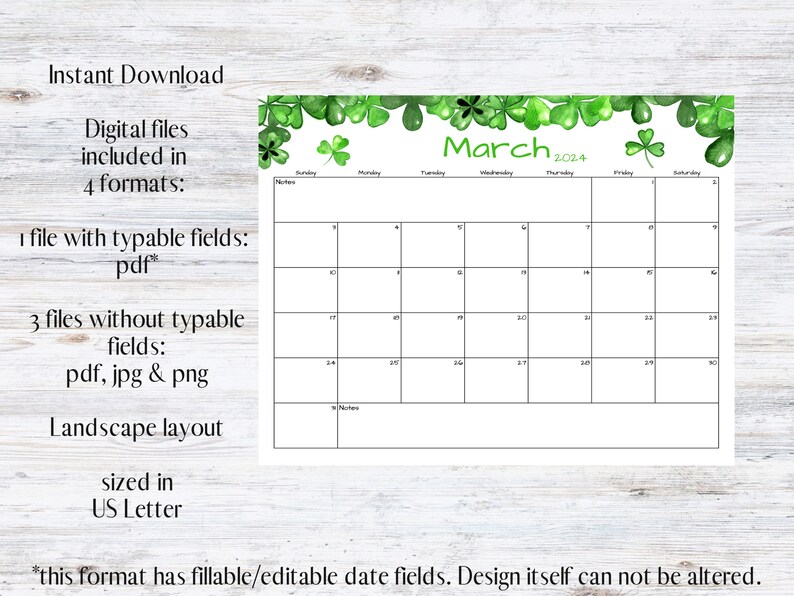 Fillable/editable March Calendar March 2024 Printable Calendar Shamrock ...