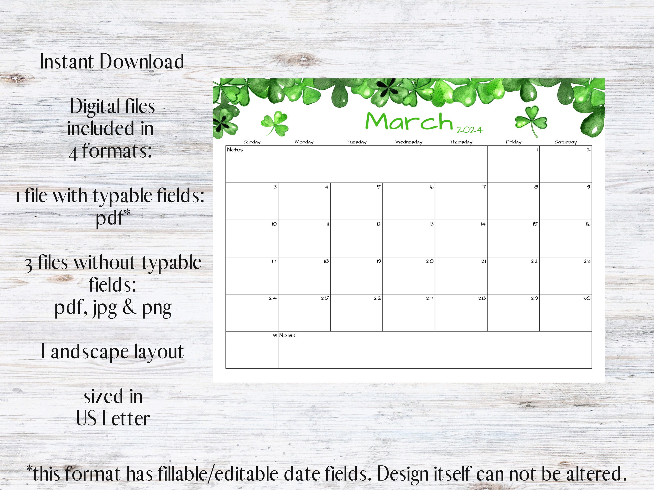 Fillable/editable March Calendar March 2024 Printable Calendar Shamrock ...