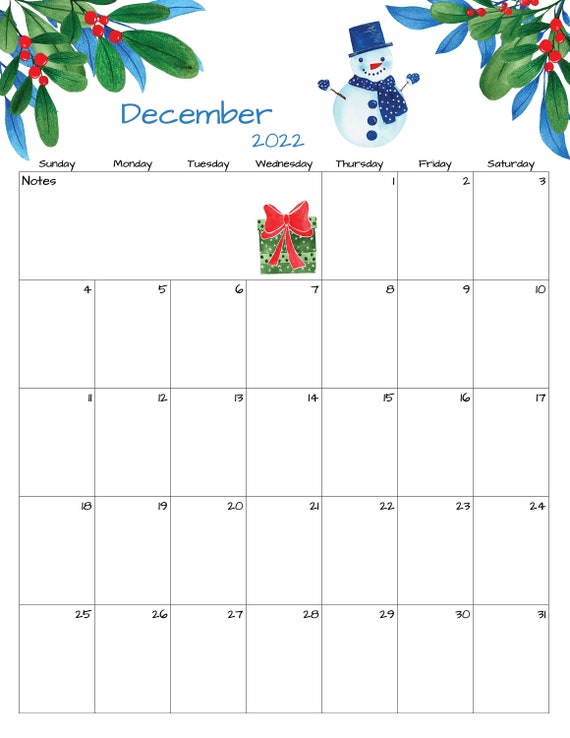 December 2022 Calendar Editable