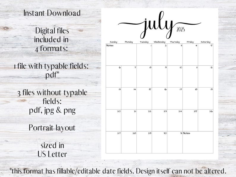 Fillable/editable July 2025 Calendar | July 2025 Calendar | Simple ...