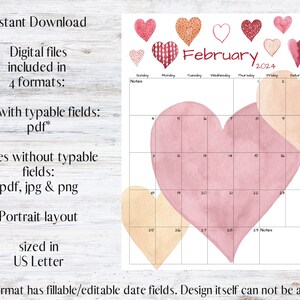 Fillable/editable February Calendar February 2024 Calendar Valentine ...
