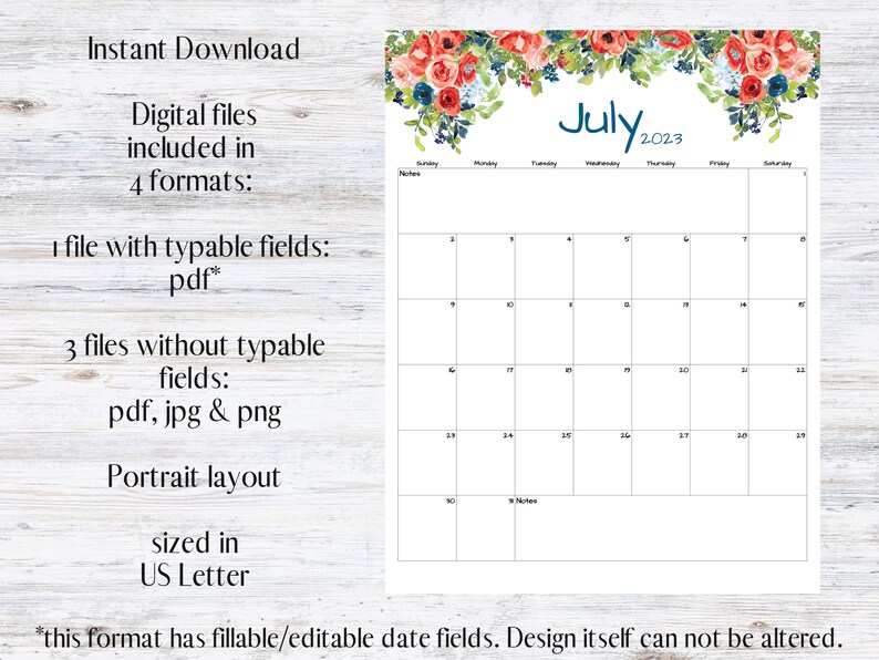 Fillable/editable July Calendar July 2023 Printable Calendar - Etsy