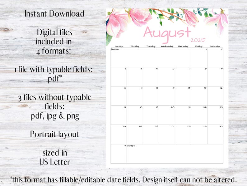 Fillable/editable August Calendar | August 2025 Printable Calendar ...