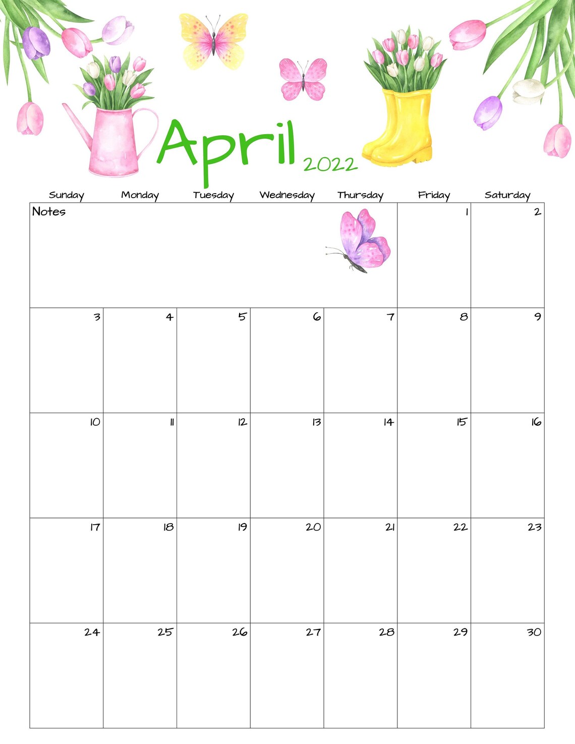 April Calendar April 2022 Printable Calendar Tulip | Etsy