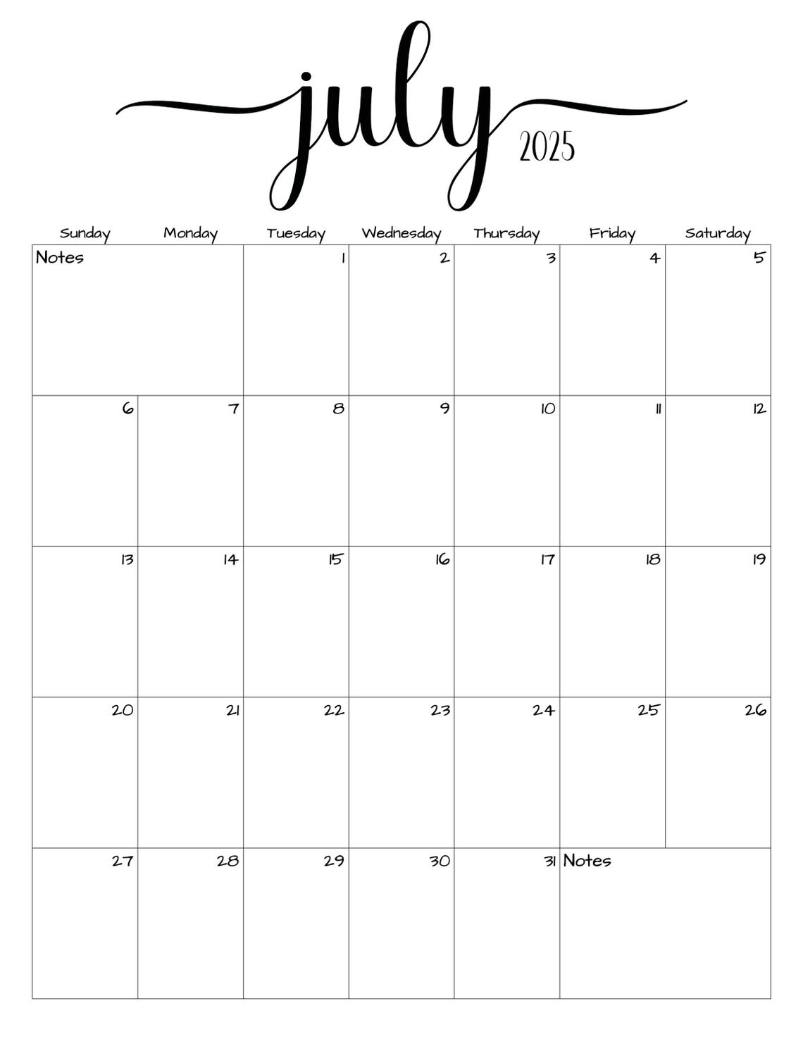 Fillable/editable July 2025 Calendar | July 2025 Calendar | Simple ...