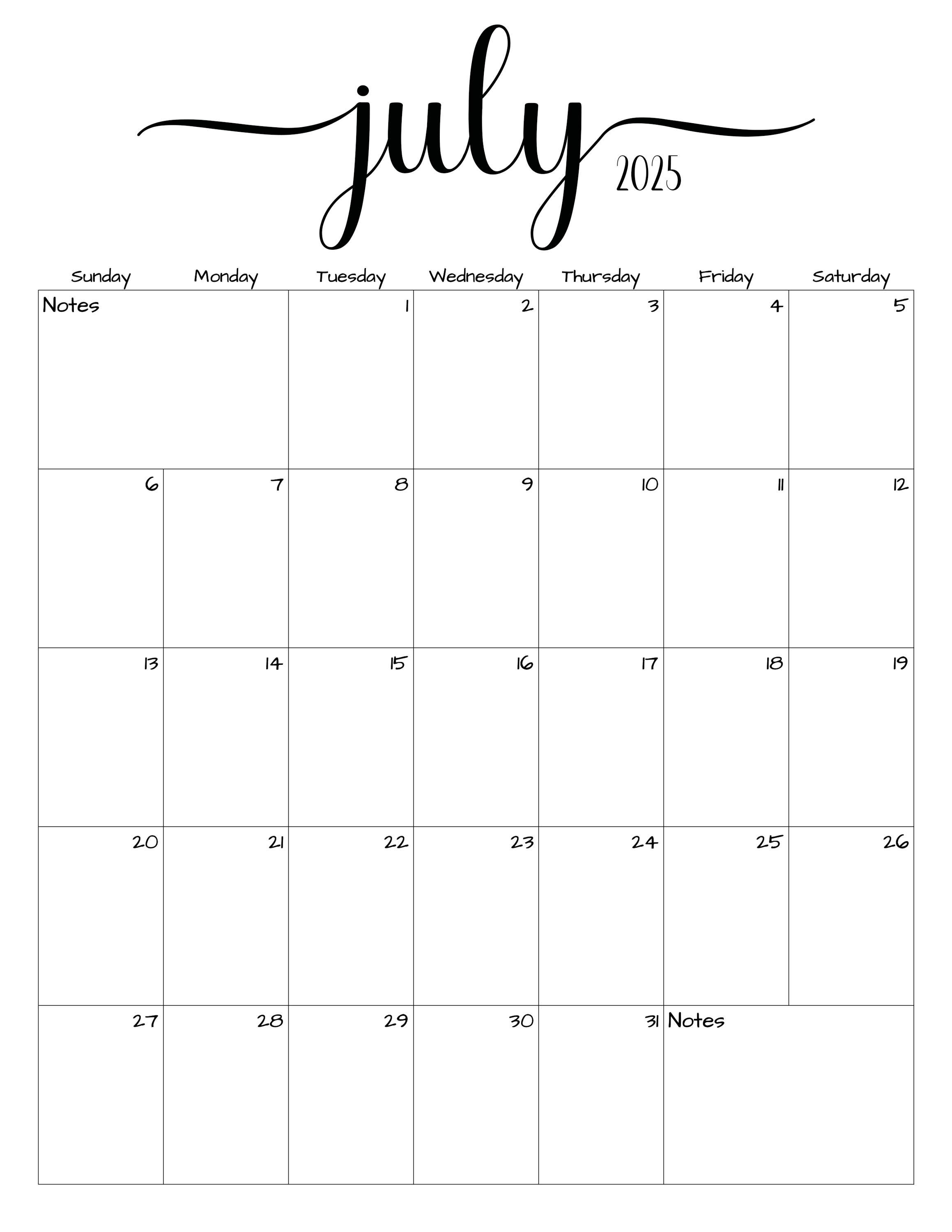 Fillable/editable July 2025 Calendar | July 2025 Calendar | Simple ...