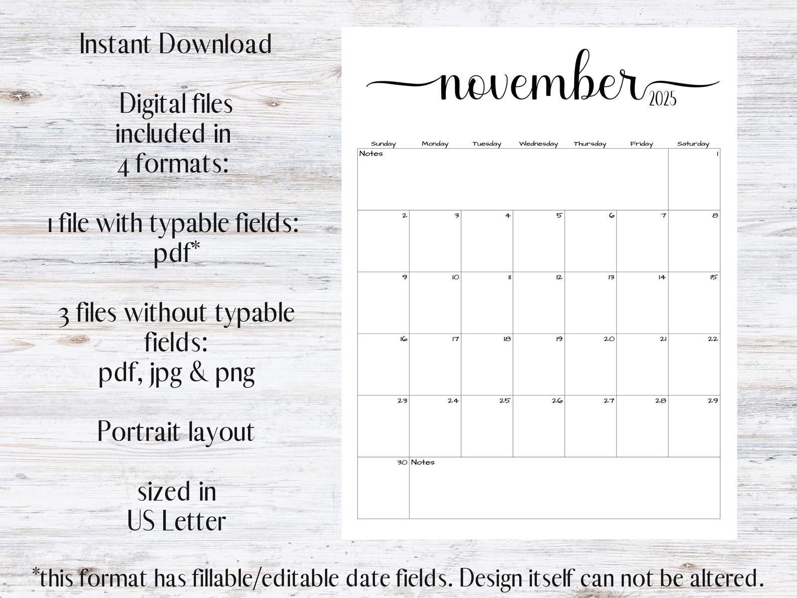 Fillable/editable November 2025 Calendar | November 2025 Calendar ...