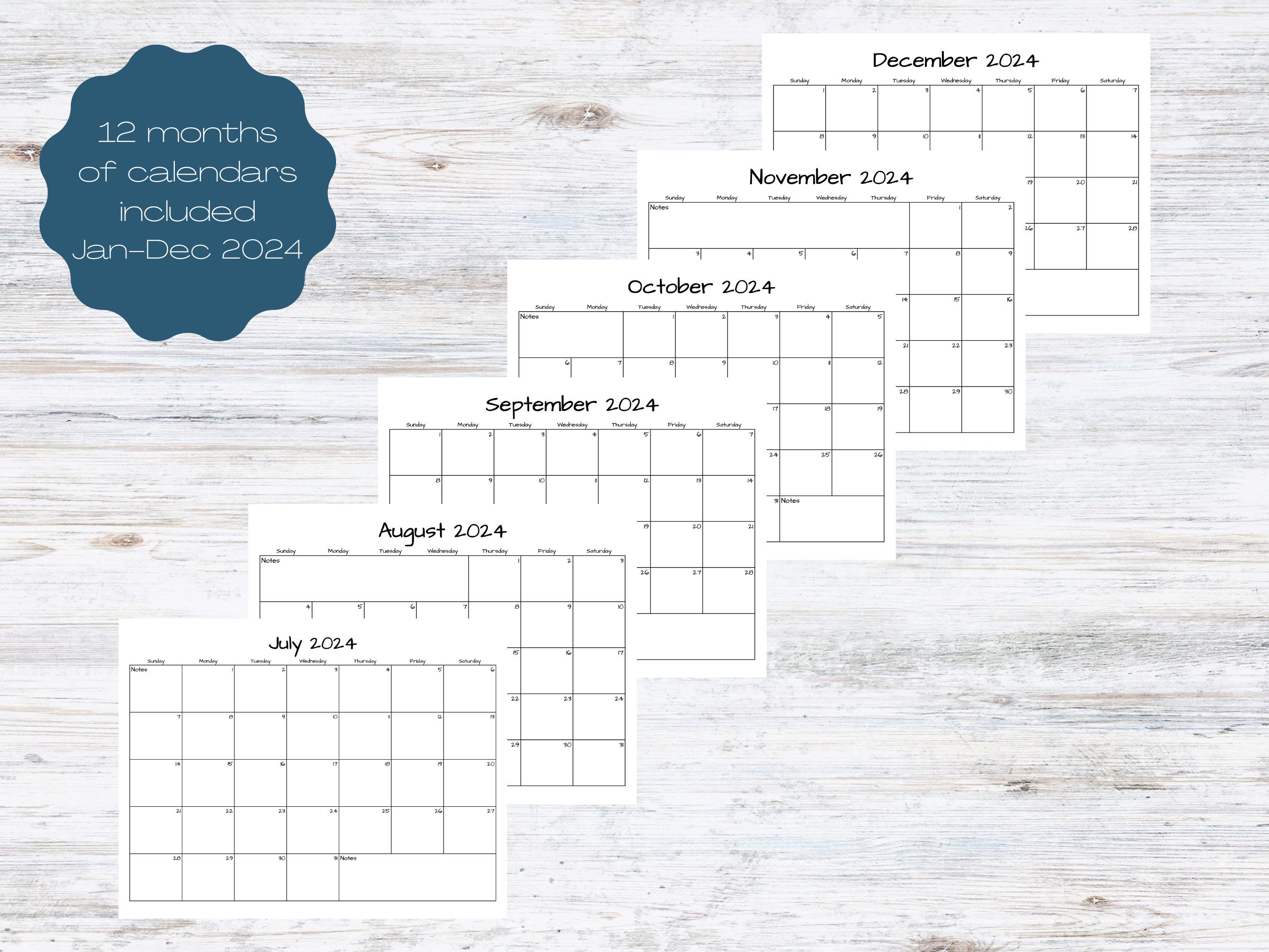 12 Month 2024 Calendars Printable Full Year jan-dec Fast - Etsy