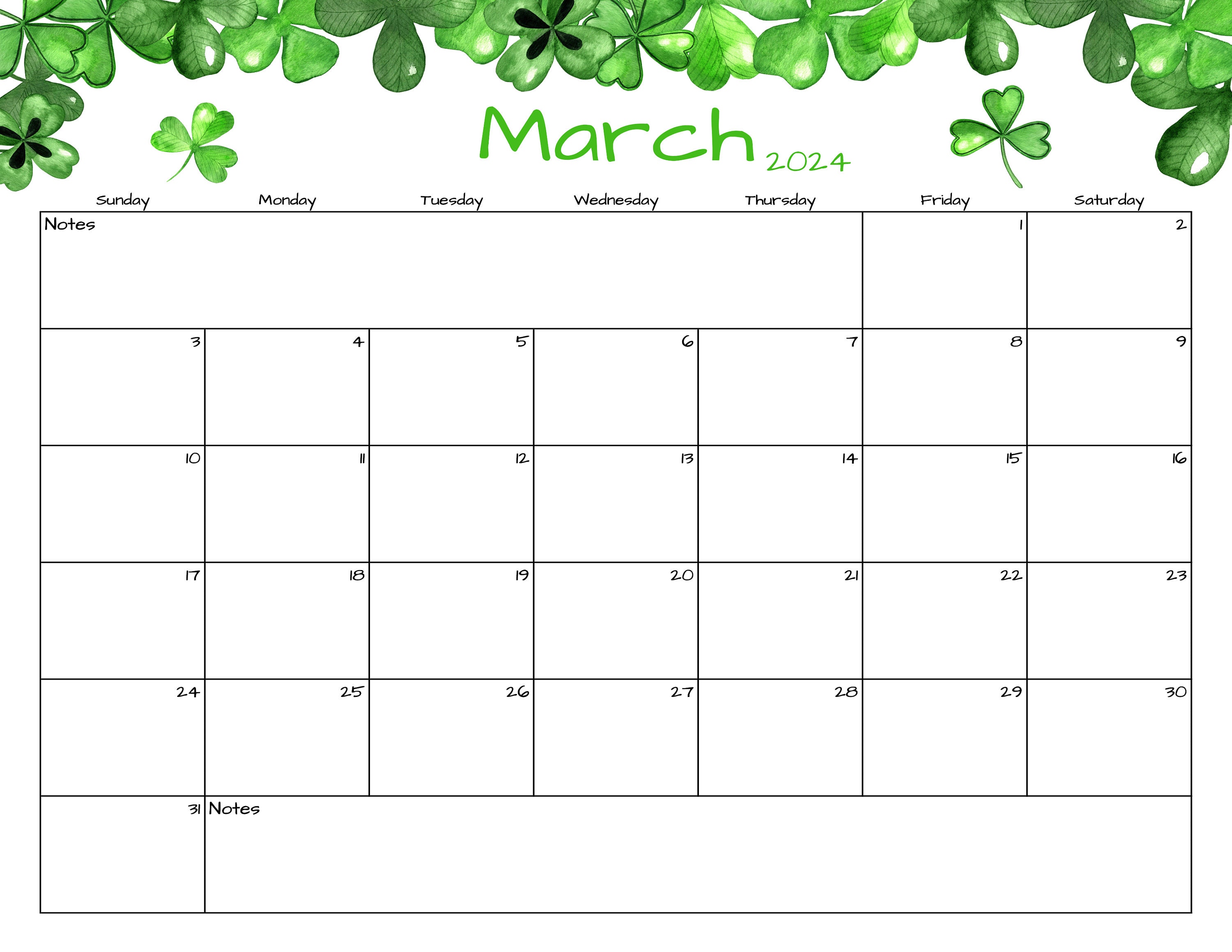 Fillable/editable March Calendar March 2024 Printable Calendar Shamrock ...