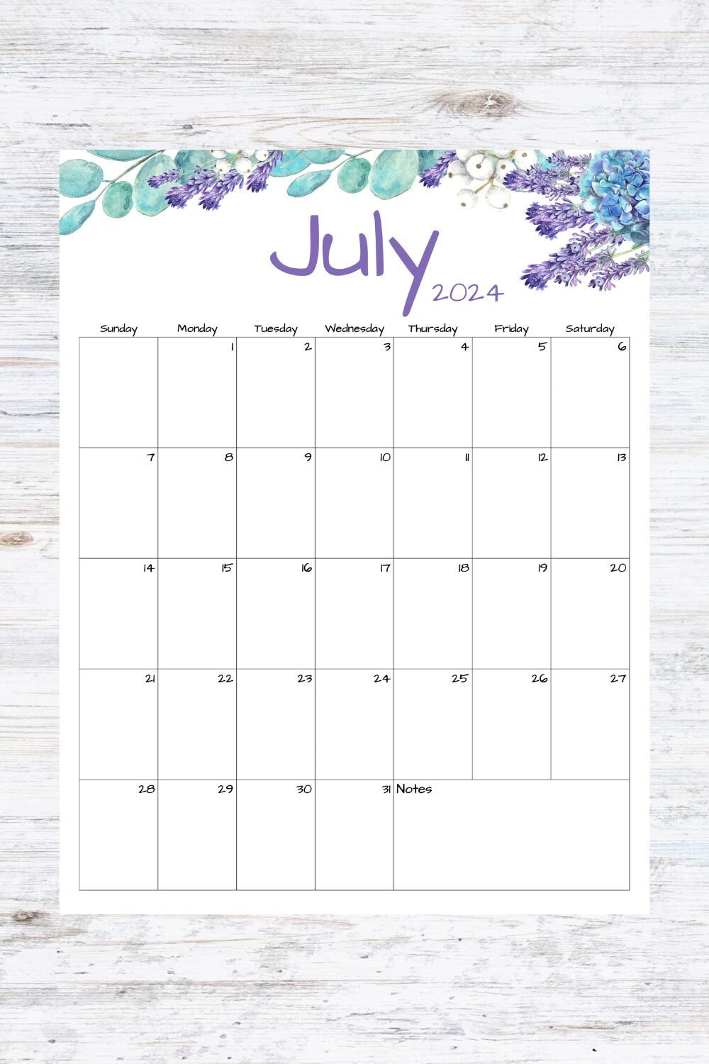 Fillable/editable July Calendar July 2024 Printable Calendar Lavender ...
